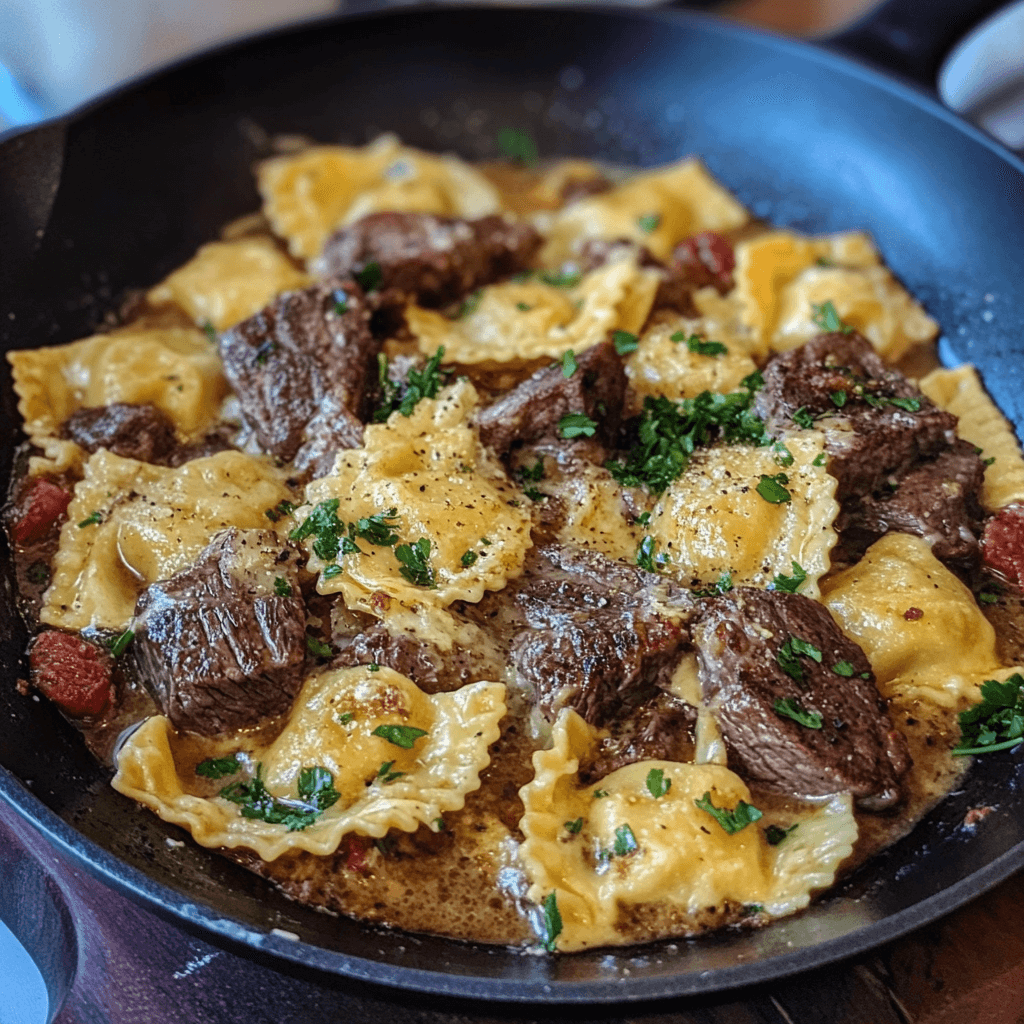 One-Skillet Garlic Butter Steak & Cheese Ravioli